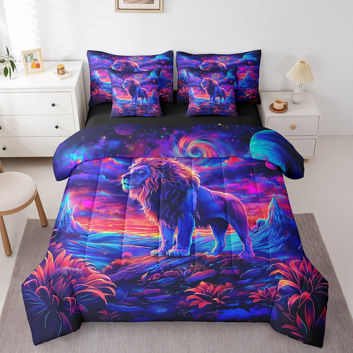 Lion Bedding Twin Size 7pcs, Wildlife Nebula Lightweight Teens ...