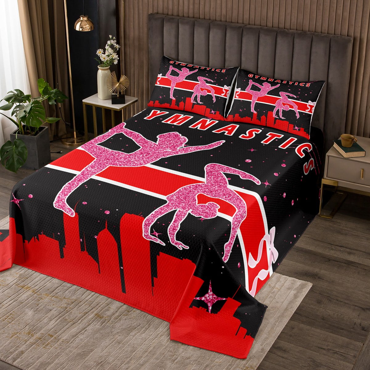 YST Little Girls Twin Quilt Set Gymnastics Coverlet Set, Red Black ...