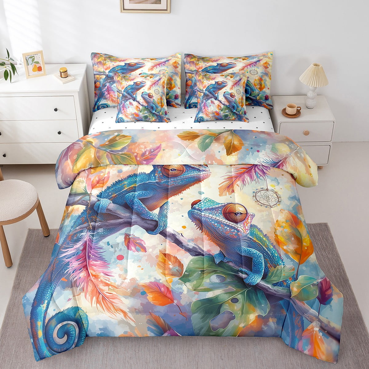 YST Lizard 7 Pieces Bedding Set Watercolor Reptile Wild Animals Full ...