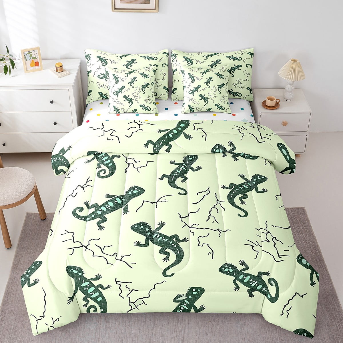 Lizard Bed in a Bag Twin Comforter Set 7 Piece,Cartoon Gecko Reptile Animals Bedding Sets Cute ...