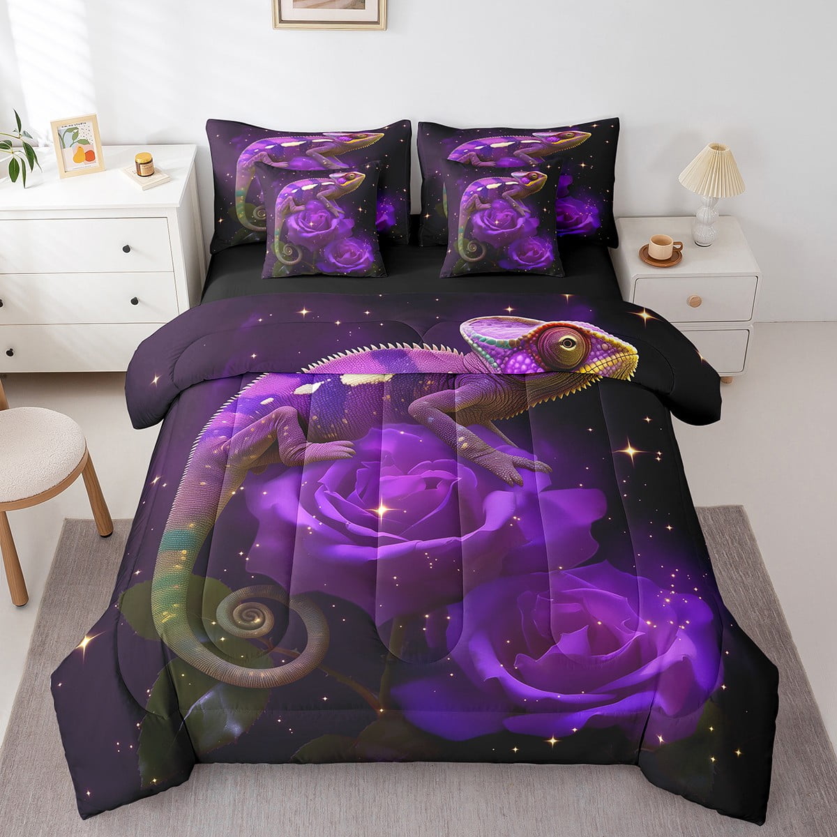 Lizard Queen Comforter Set 7 Piece,Galaxy Purple Rose Flower Bed In A ...