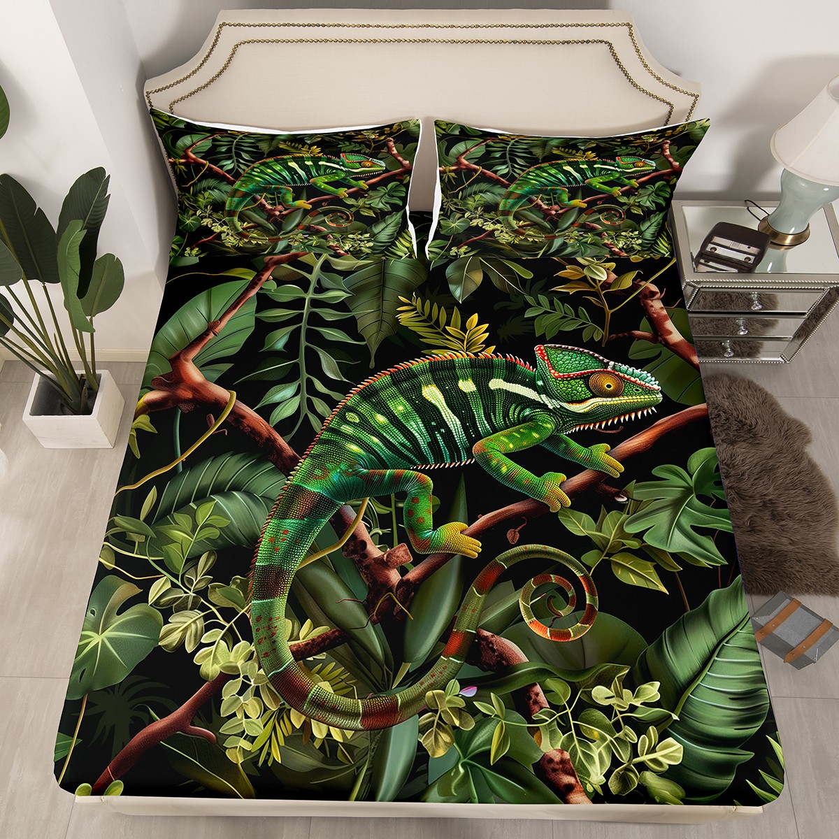 YST Lizard Twin Fitted Sheet for Kids Teens,Tropical Palm Leaf Bedding ...