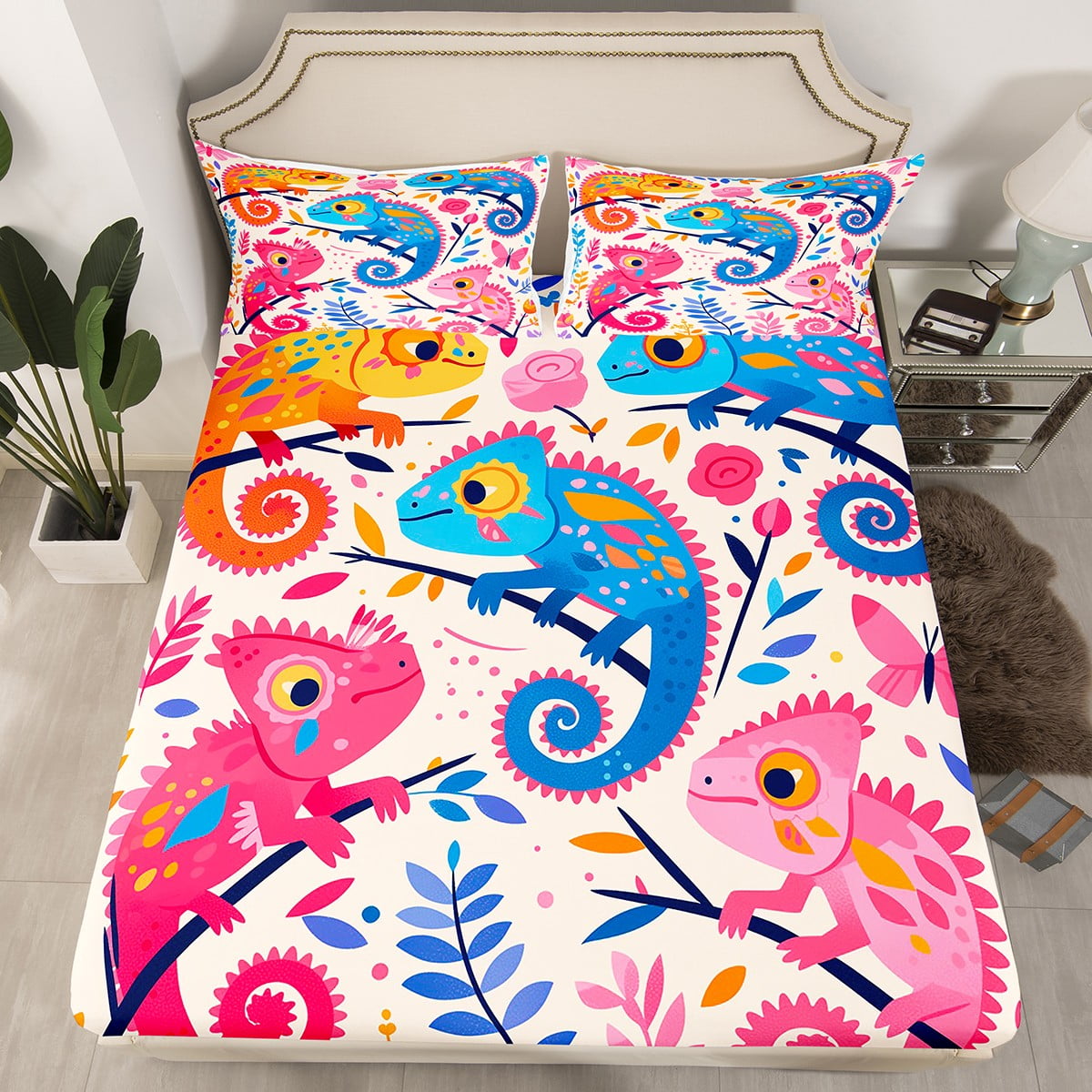 Lizards Twin Fitted Sheet,Kawaii Cartoon Lizard Bedding Sets,Blue Pink ...