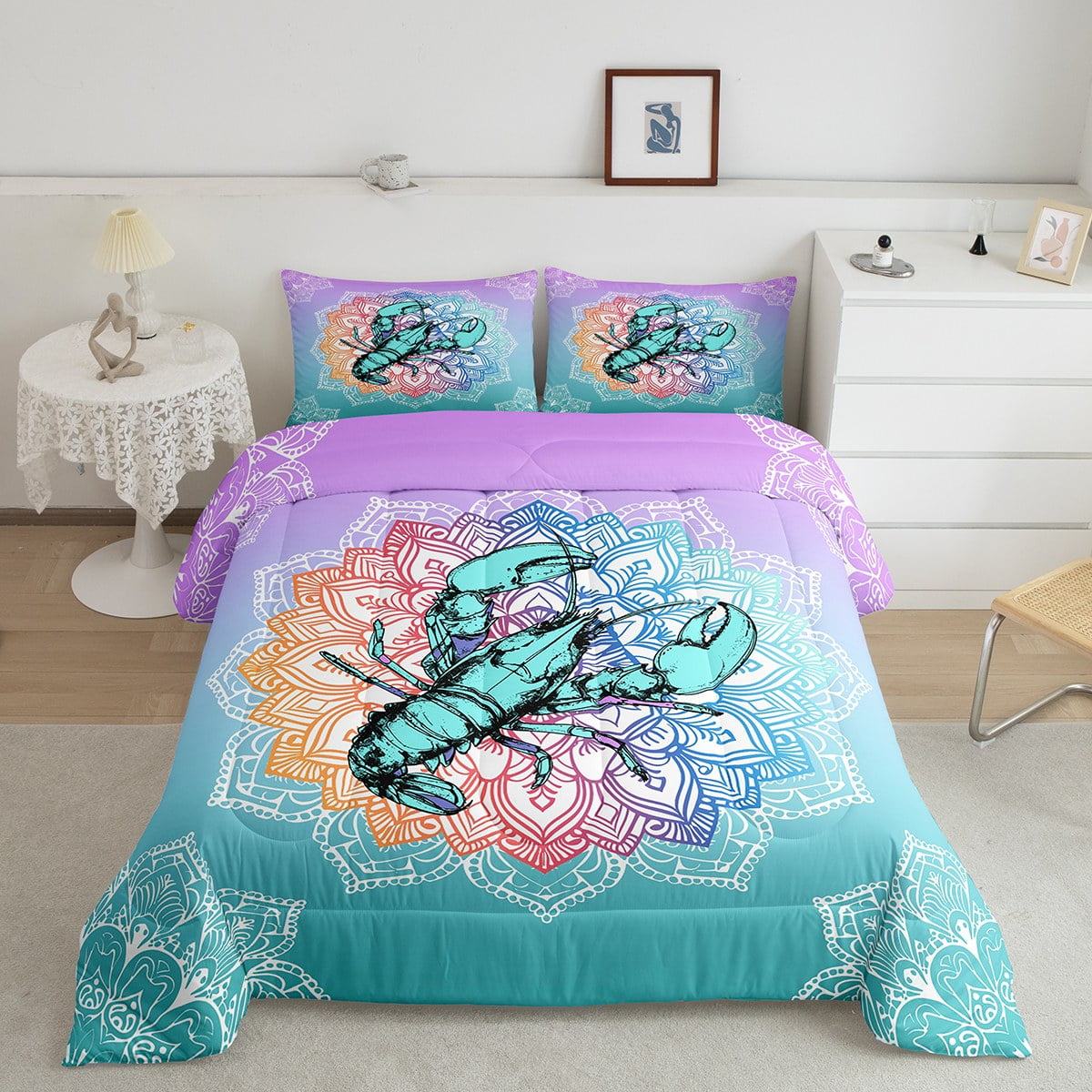 Lobster Comforter Set Queen, Boho Flower Bedding , Colorful Mandala ...