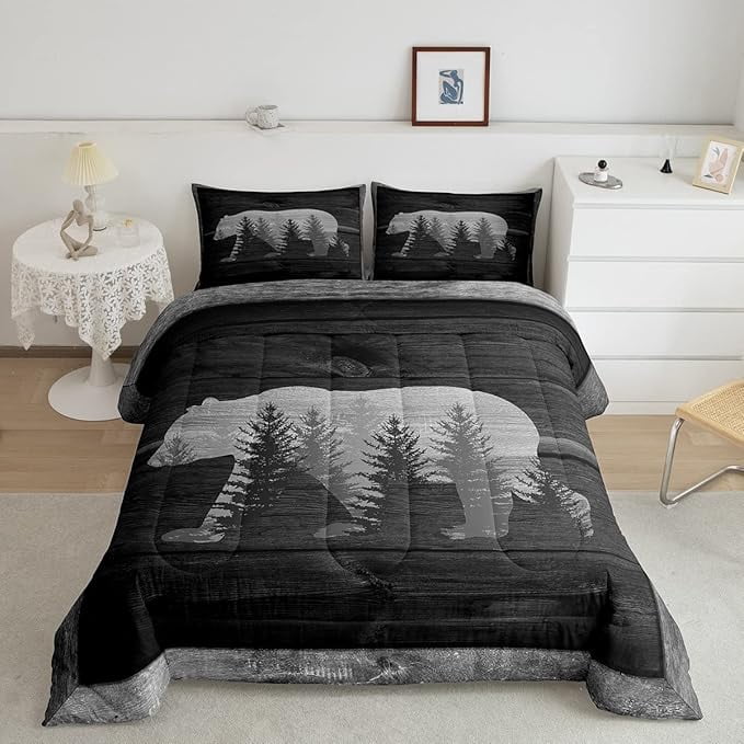 Lodge Cabin Comforter Set Gray Bear Pine Tree Silhouette Pattern ...