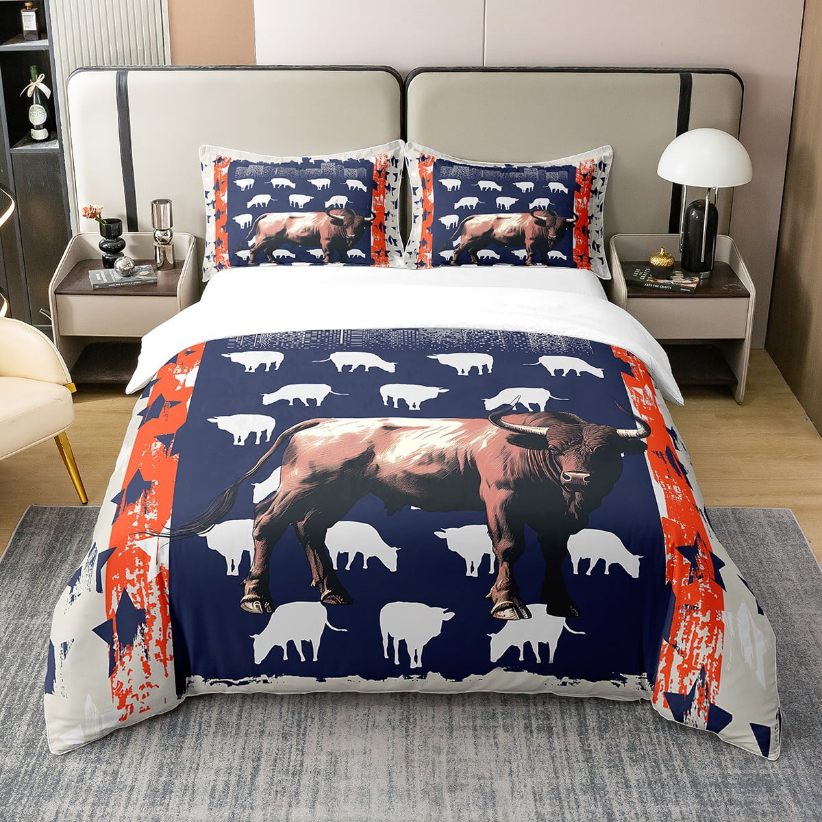 YST Longhorn Cow 100% Cotton Duvet Cover Cow Print Comforter Cover Blue ...