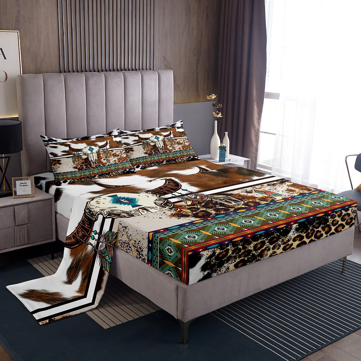 Longhorn Skull Western Bed Sheets Set Full,Leopard Print Sheets Boho ...