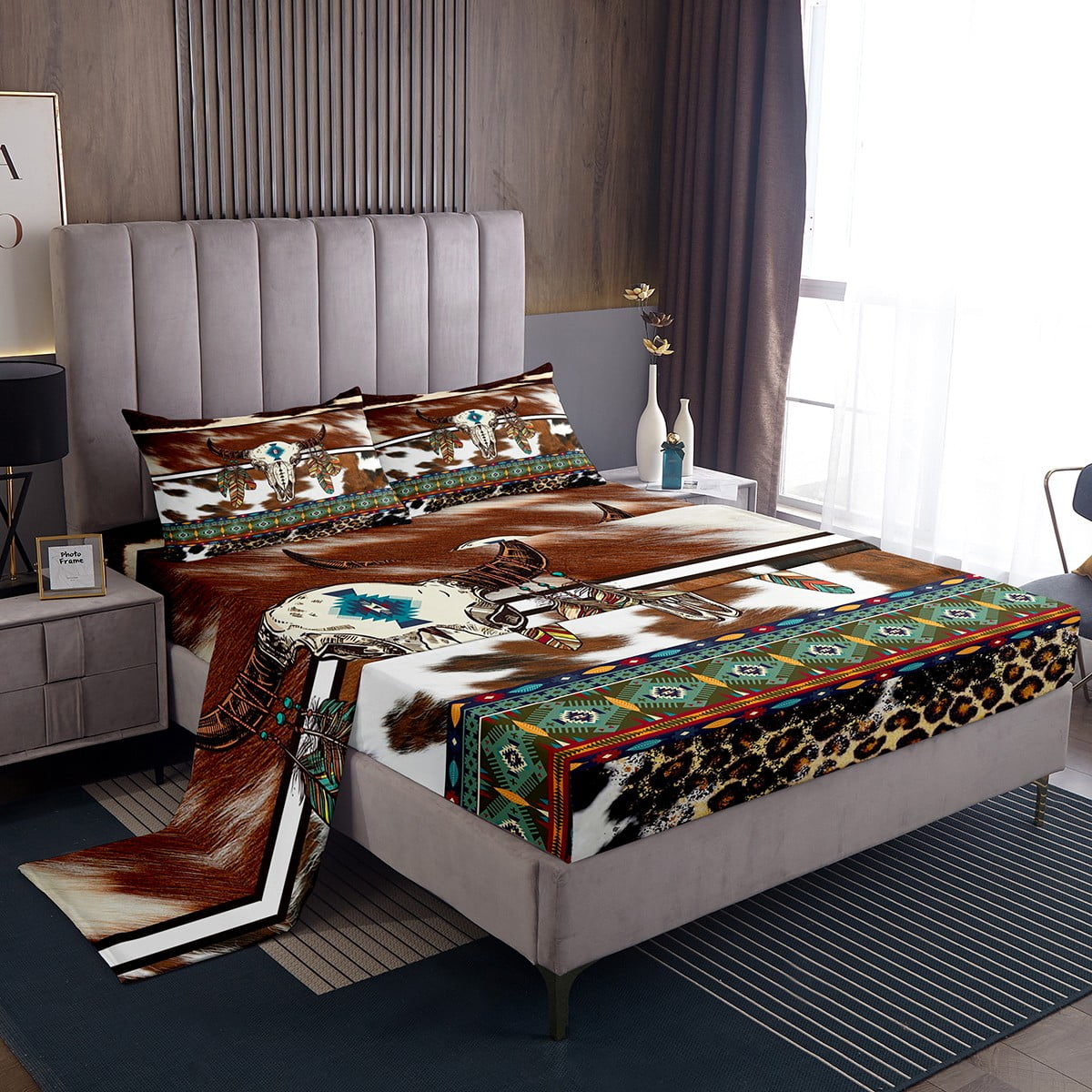 Longhorn Skull Western Bed Sheets Set Queen,Leopard Print Sheets Boho ...