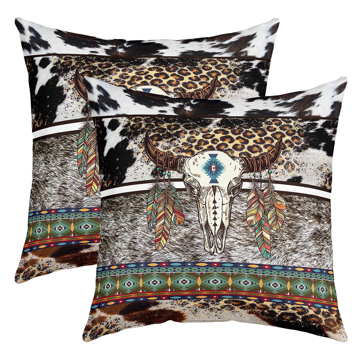 Longhorn Skull Western Pillow Covers,Leopard Print Cushion Cases Boho ...