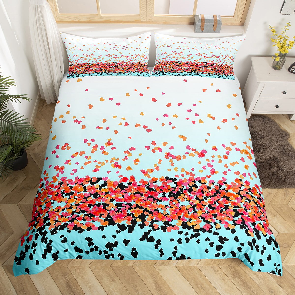 Love Heart Duvet Cover , Rainbow Confetti Bedding Set Abstract Geometric Art Comforter Cover ...