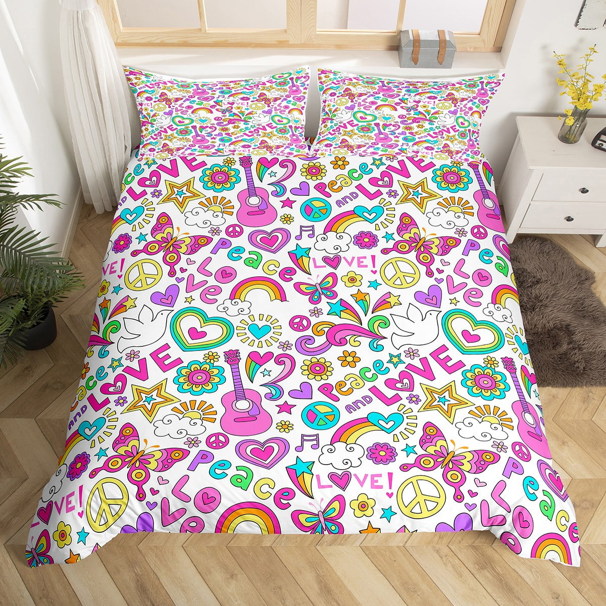 Erosebridal Love and Peace Bedding Set Hippie Love Heart Comforter ...