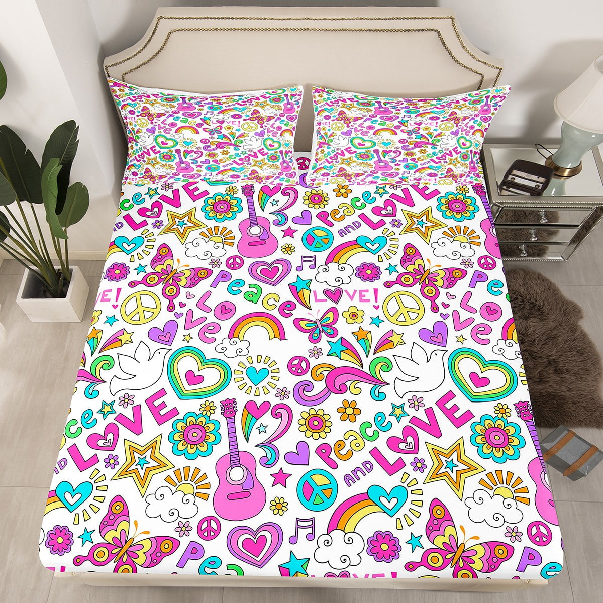 Erosebridal Love and Peace Bedding Set Hippie Love Heart Fitted Sheet ...