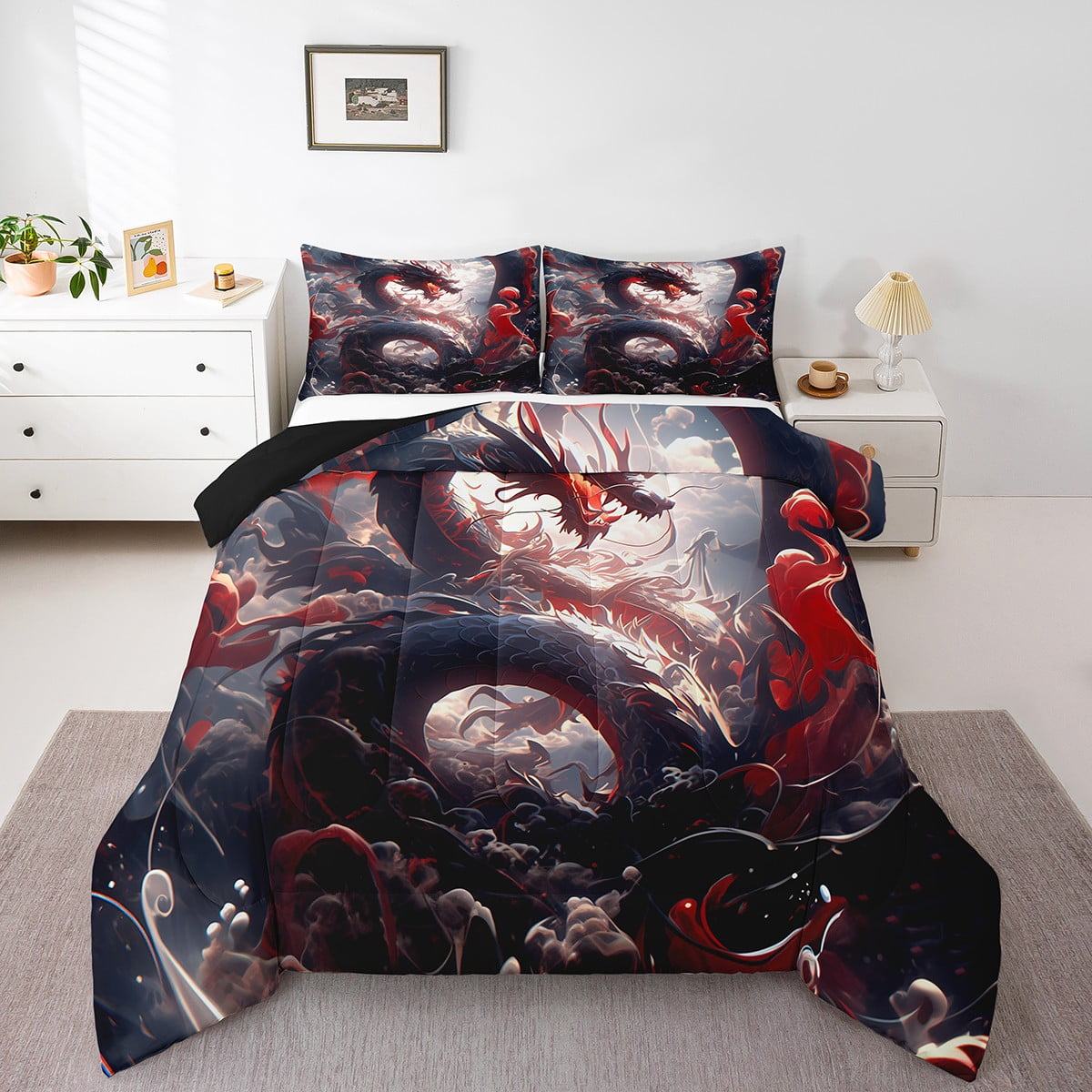 Erosebridal Magic Dragon Full Size Comforter Set Black and Red Dragon ...
