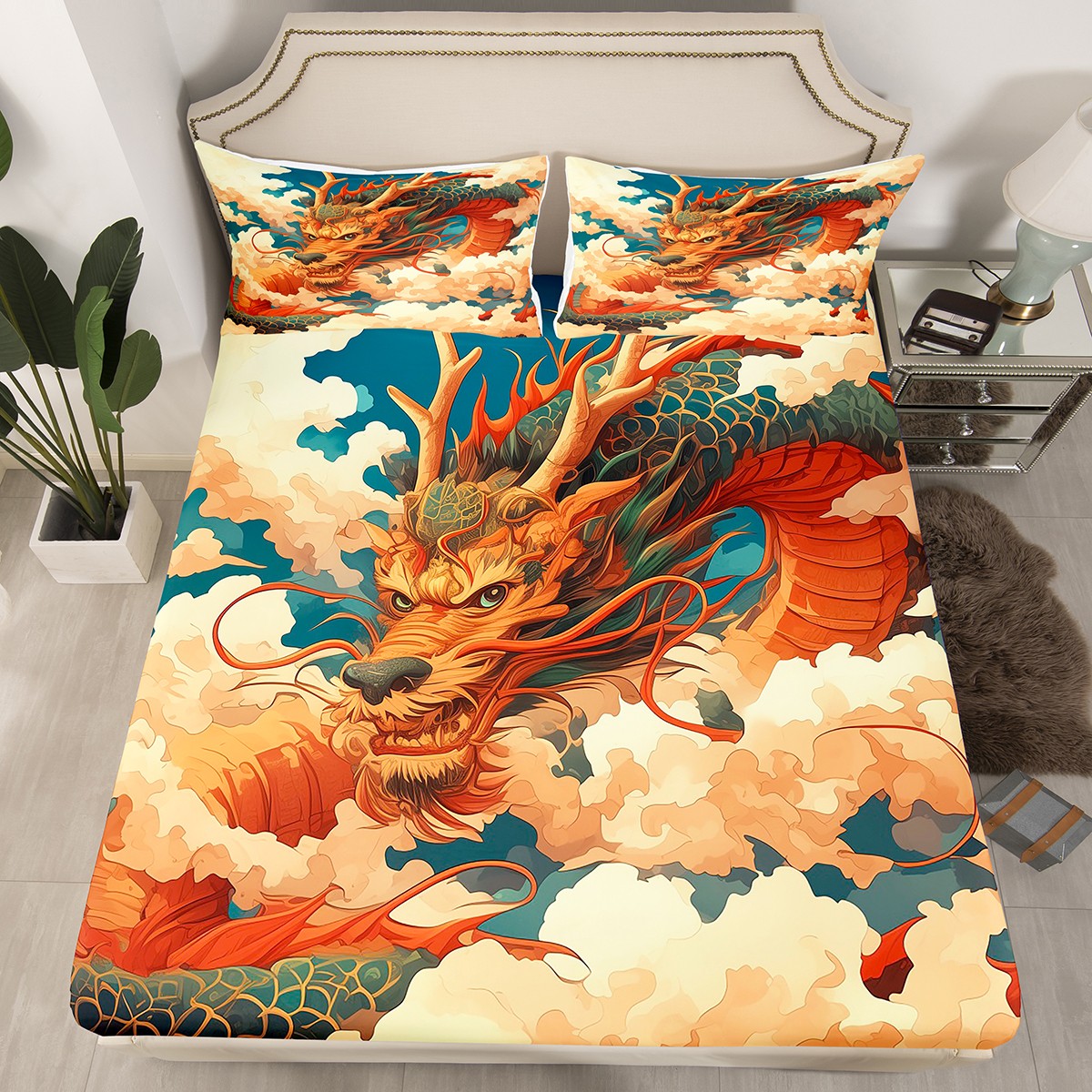 YST Magic Dragon Queen Fitted Sheet Oriental Asian Style Bedding ...
