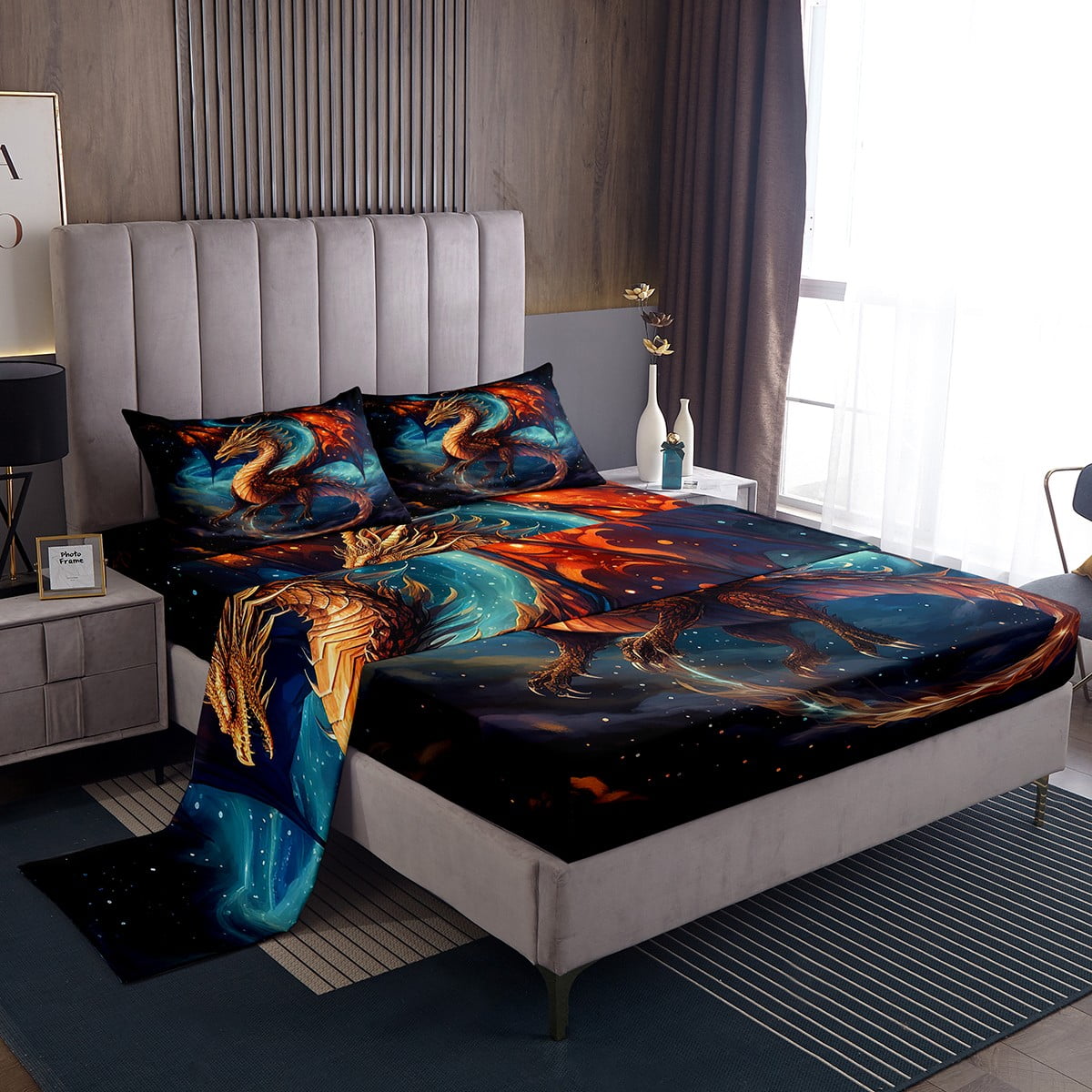YST Magical Dragon Bed Set 3D Dragon Bed Sheets Set Adult, Magic Animal Sheet Set Queen Navy Red ...