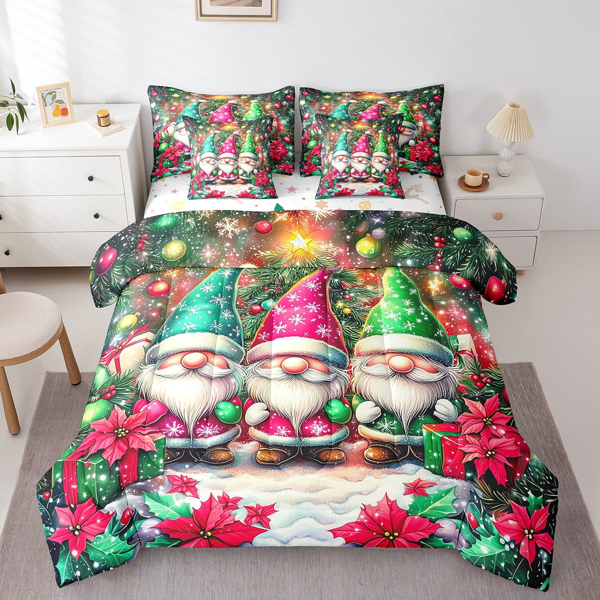 YST Magical Santa Claus Queen Comforter Set 7 Piece Christmas Gnome Bed ...