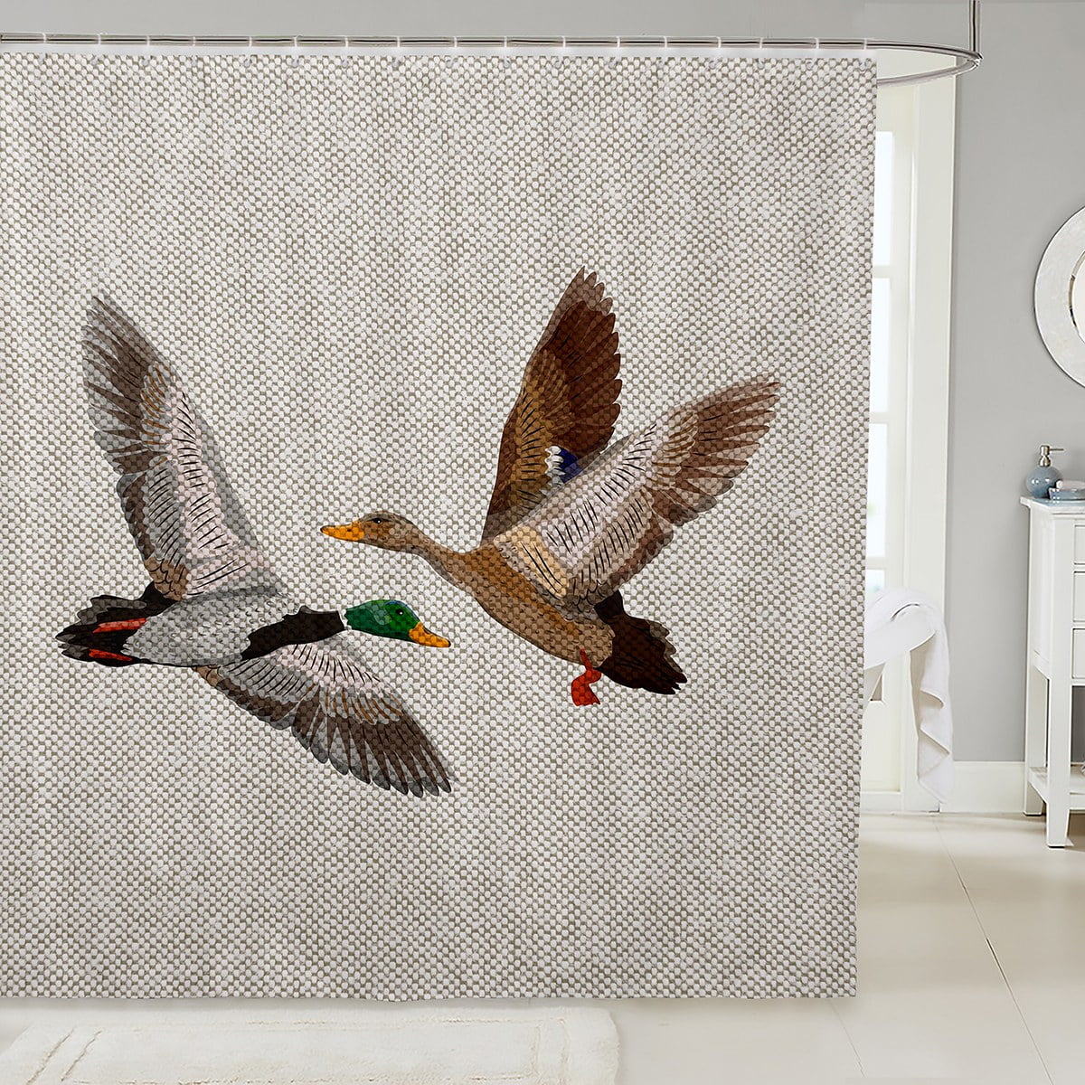 Mallard Duck Bathroom Curtain Wild Animal Bath Curtain, Grey Honeycomb ...