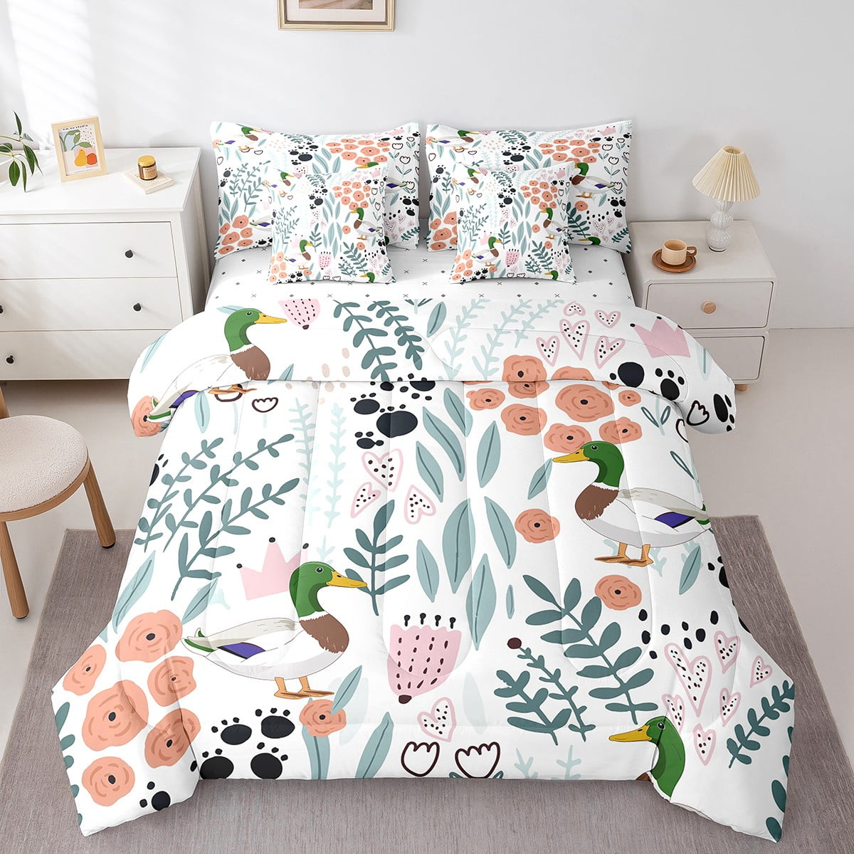 YST Mallard Duck Comforter Set Queen 7 Piece Animal Bed in a Bag Rustic Country Decor for Home ...