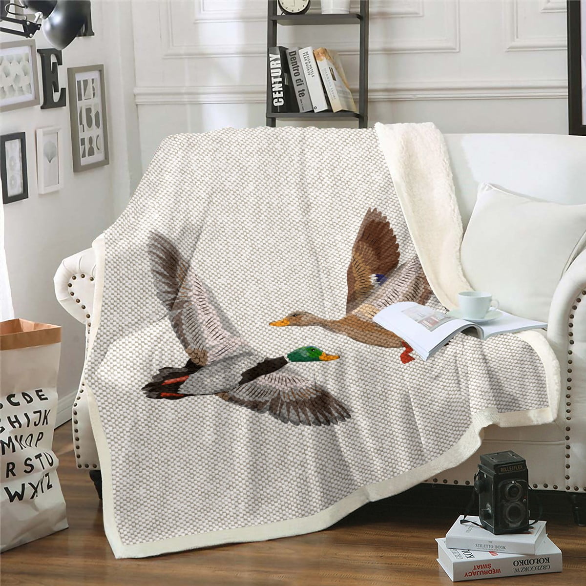 Erosebridal Mallard Duck Sherpa Blanket, Grey Honeycomb Fleece Throw ...