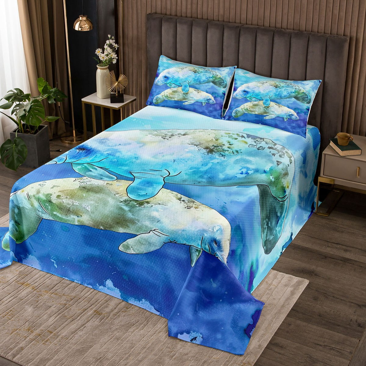 Manatee Bedding Set Queen,Cartoon Manatee Quilt Set ,Manatee Couple Bedspread Set,Watercolor Sea ...