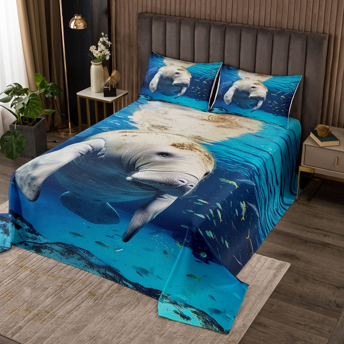YST Manatee Bedspread Set Queen Size,Cute Manatee Marine Mammals Quilt ...
