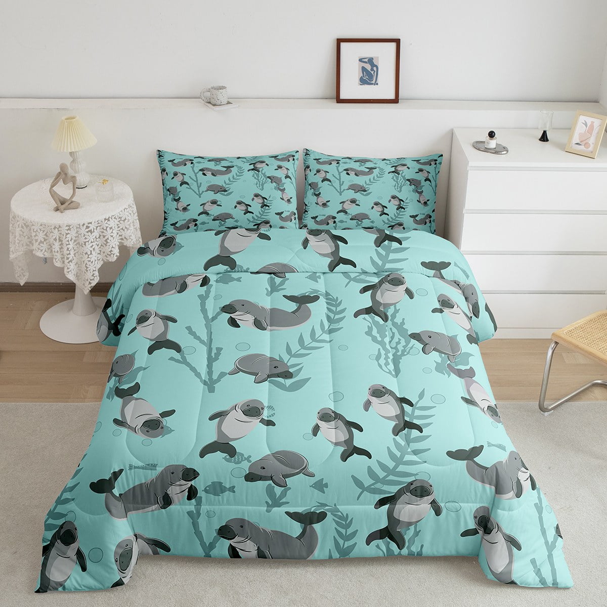 Manatee Comforter Set Queen, Sea Animals Bedding , Ocean Kawaii Cartoon Themed Room Decor Cute ...