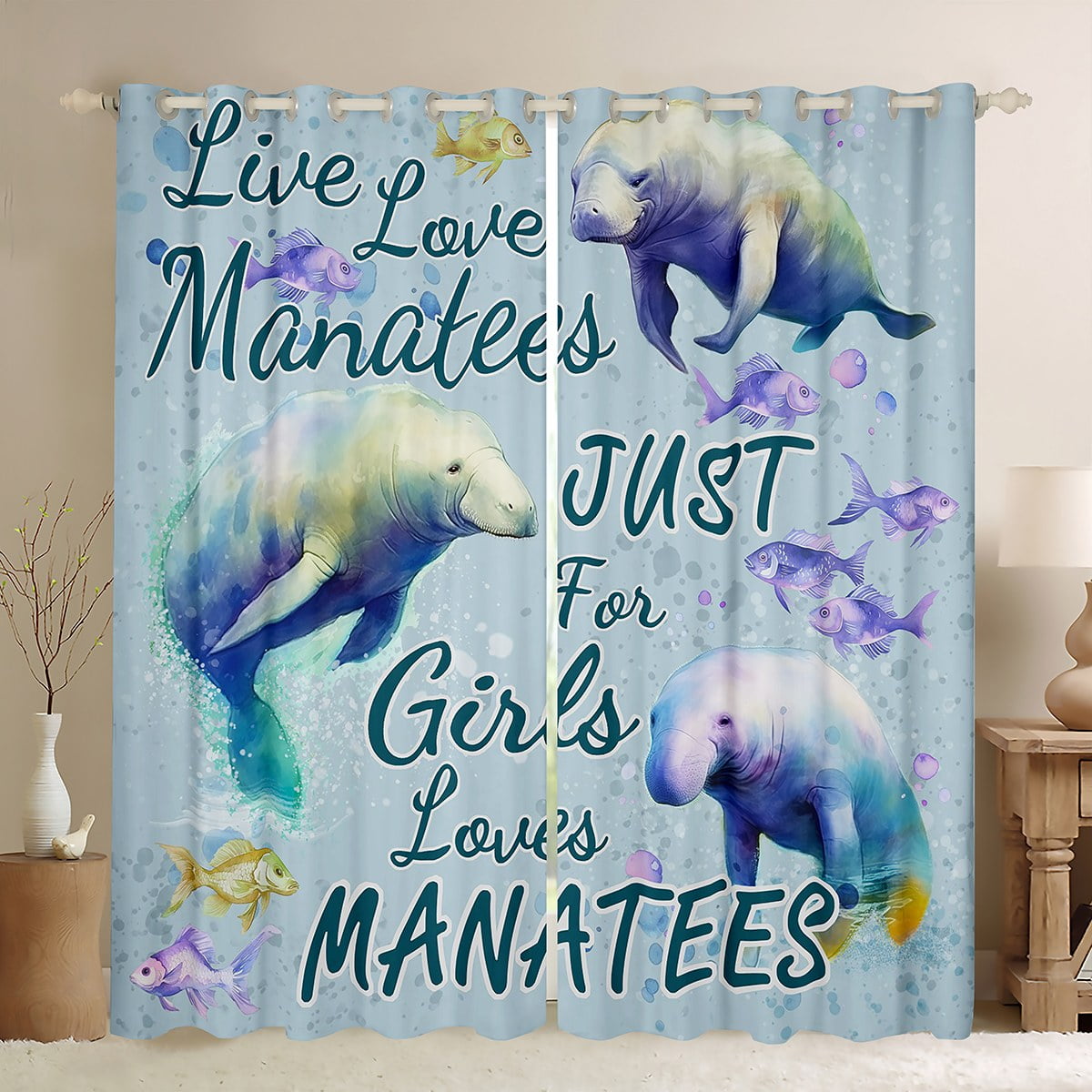 YST Manatee Curtains 42"Wx63"L, Watercolor Sea Animals Blackout ...