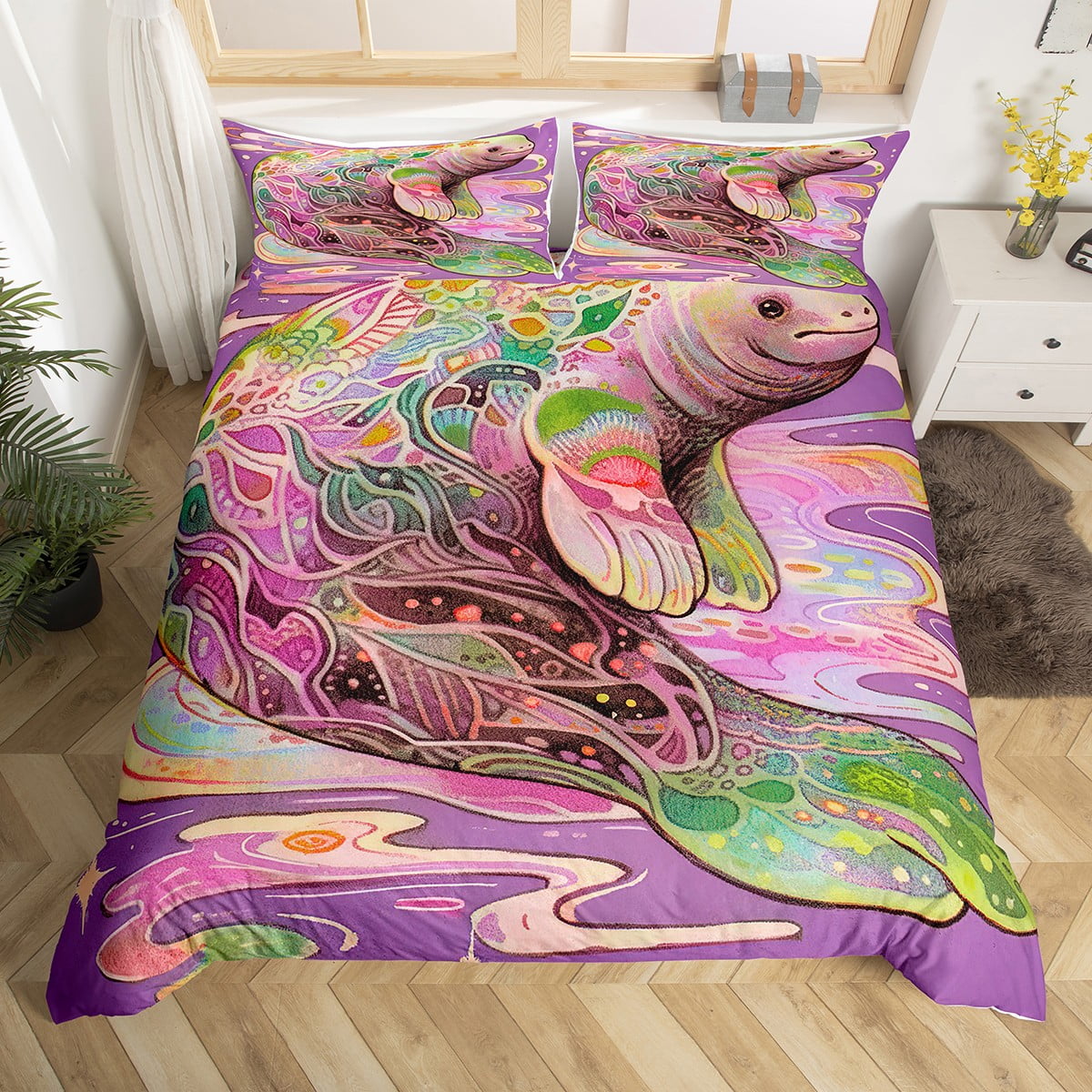 Manatee Duvet Cover Queen, Animal Spirits Totem Bedding Set For Adult, Retro Exotic Tribal Room ...