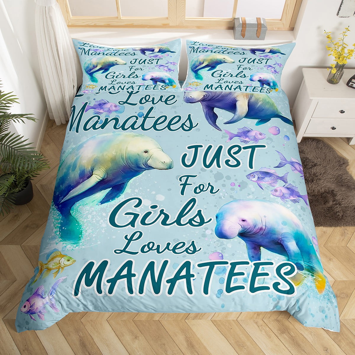 YST Manatee Duvet Cover Twin, Watercolor Sea Animals Bedding Set For ...