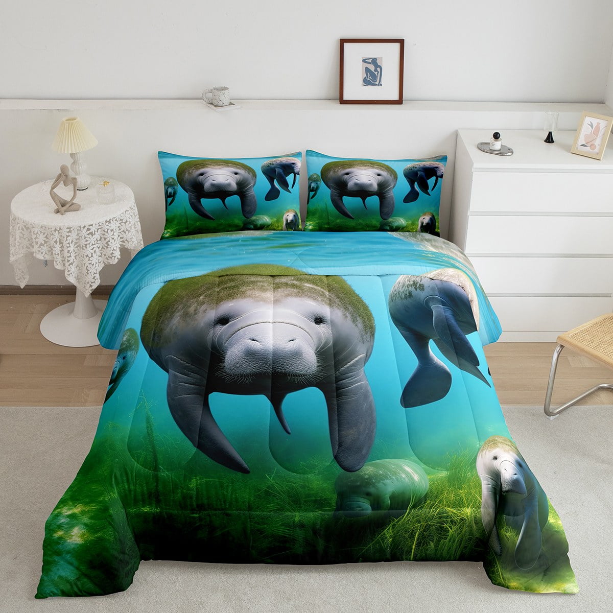 YST Manatee Lover Comforter Set Queen Size, Underwater World Oasis Bedding For Young, Cartoon ...