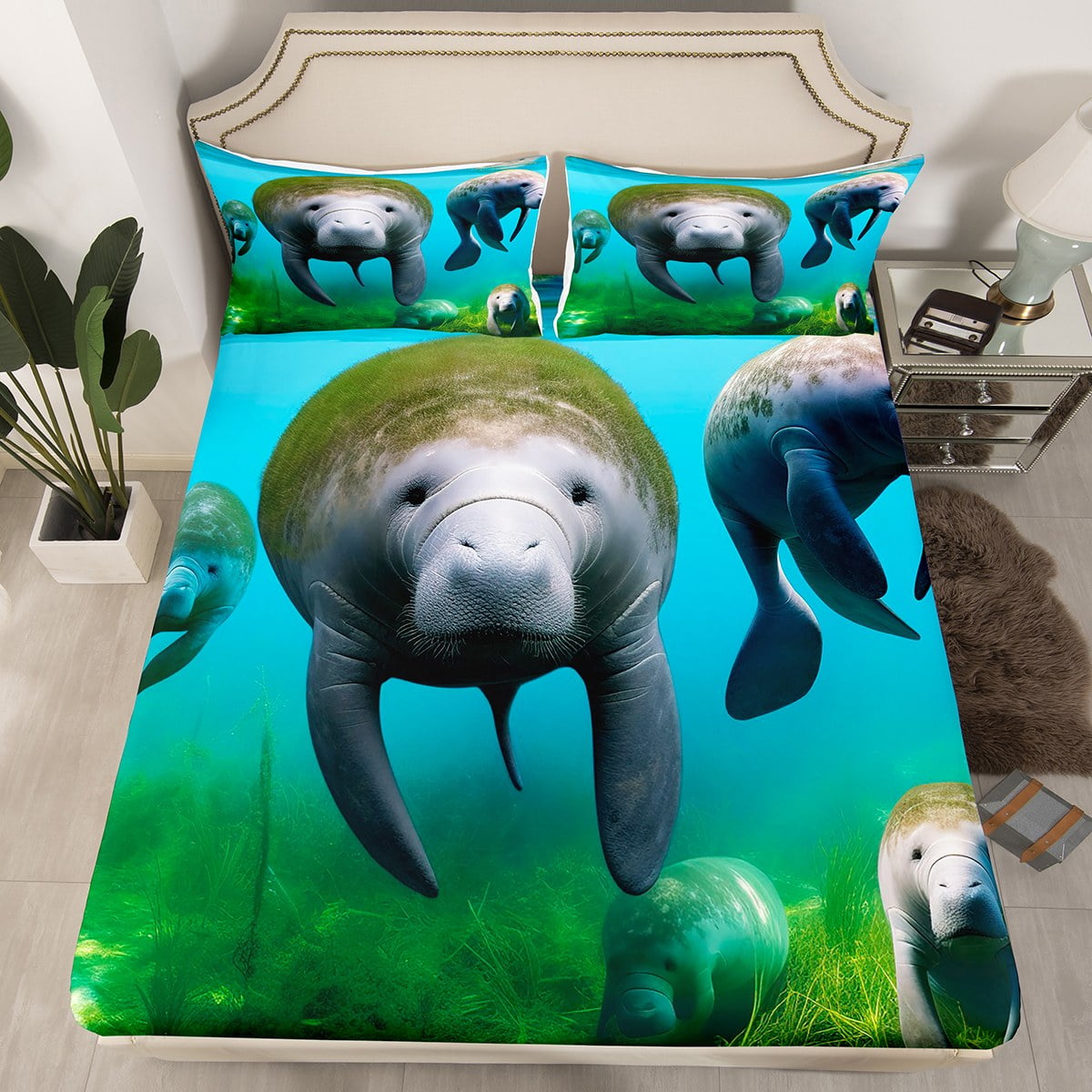 YST Manatee Lover Fitted Sheet Queen Size, Underwater World Oasis Bed ...