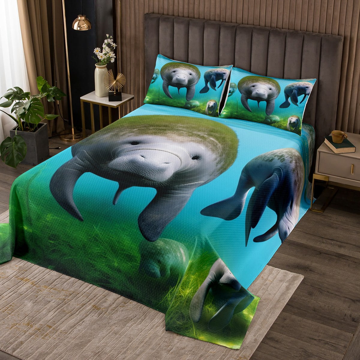 YST Manatee Lover Quilt Set King Size, Underwater World Oasis Bedspread ...