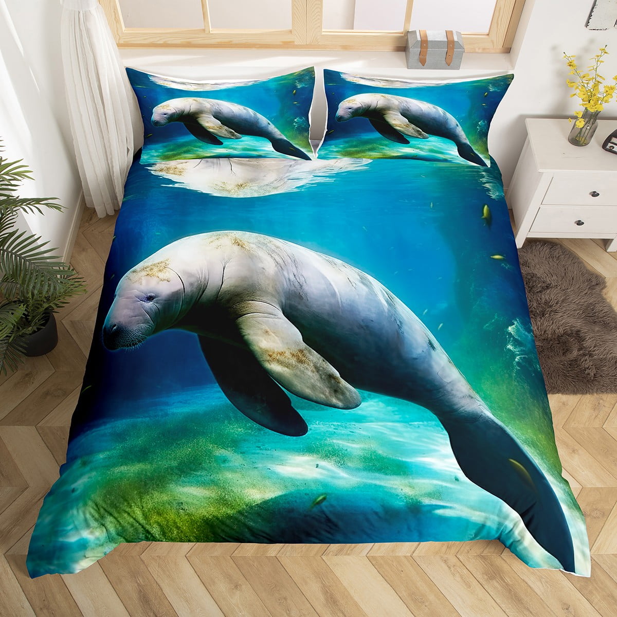 Erosebridal Manatees Duvet Cover King Size, Marine Animals Bedding Set ...