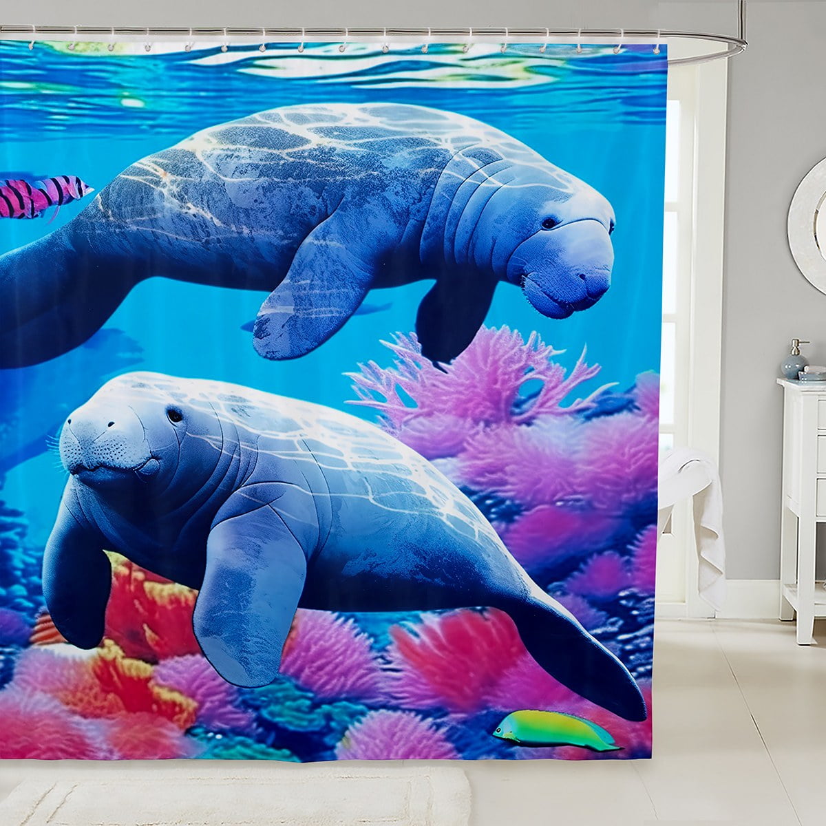 Manatees Shower Curtain 72"Wx78"L, Marine Animals Bathroom Shower ...
