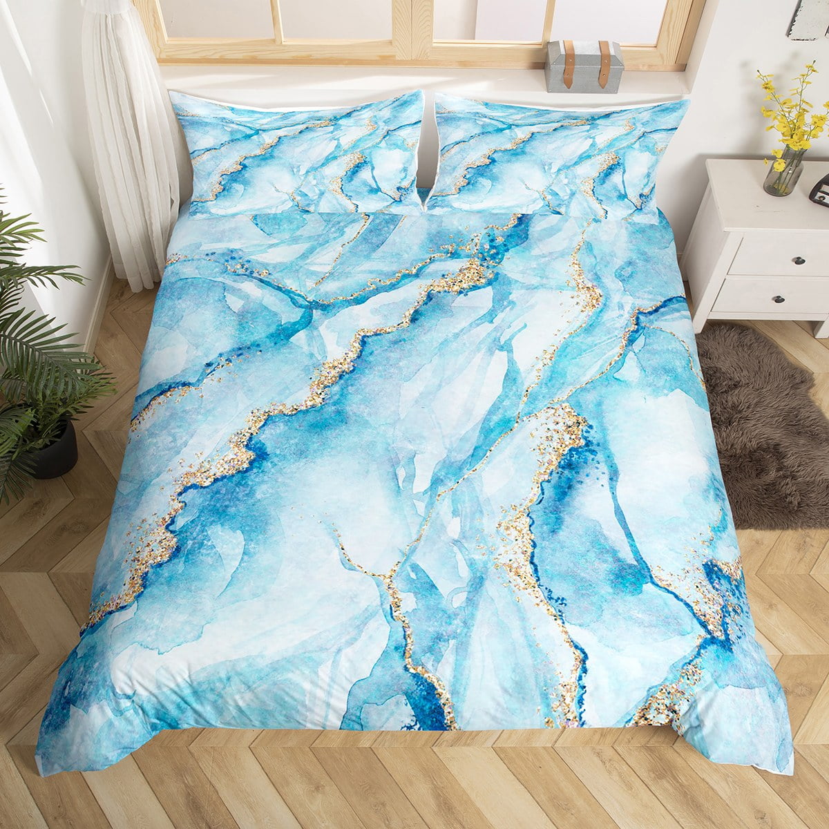 YST Marble Duvet Cover Twin,Teal Blue White Marble Bedding Set for Kids ...