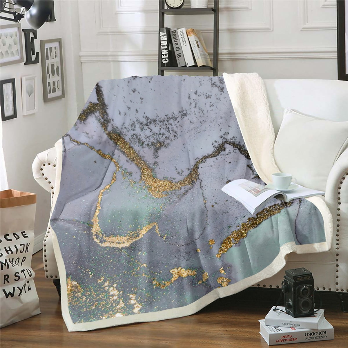 YST Marble Fleece Blanket Queen Size for Girls Teens Boys Gold Glitter ...