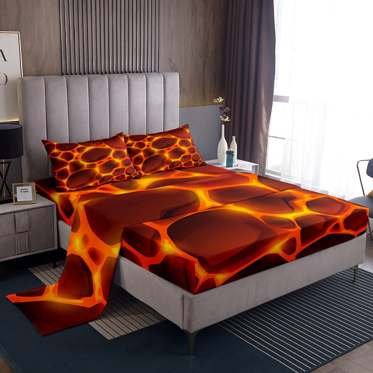 Marble Magma Full Sheet Set Modern Geometric Sheets, Burning Orange Bed Set Fire Flame Bed ...