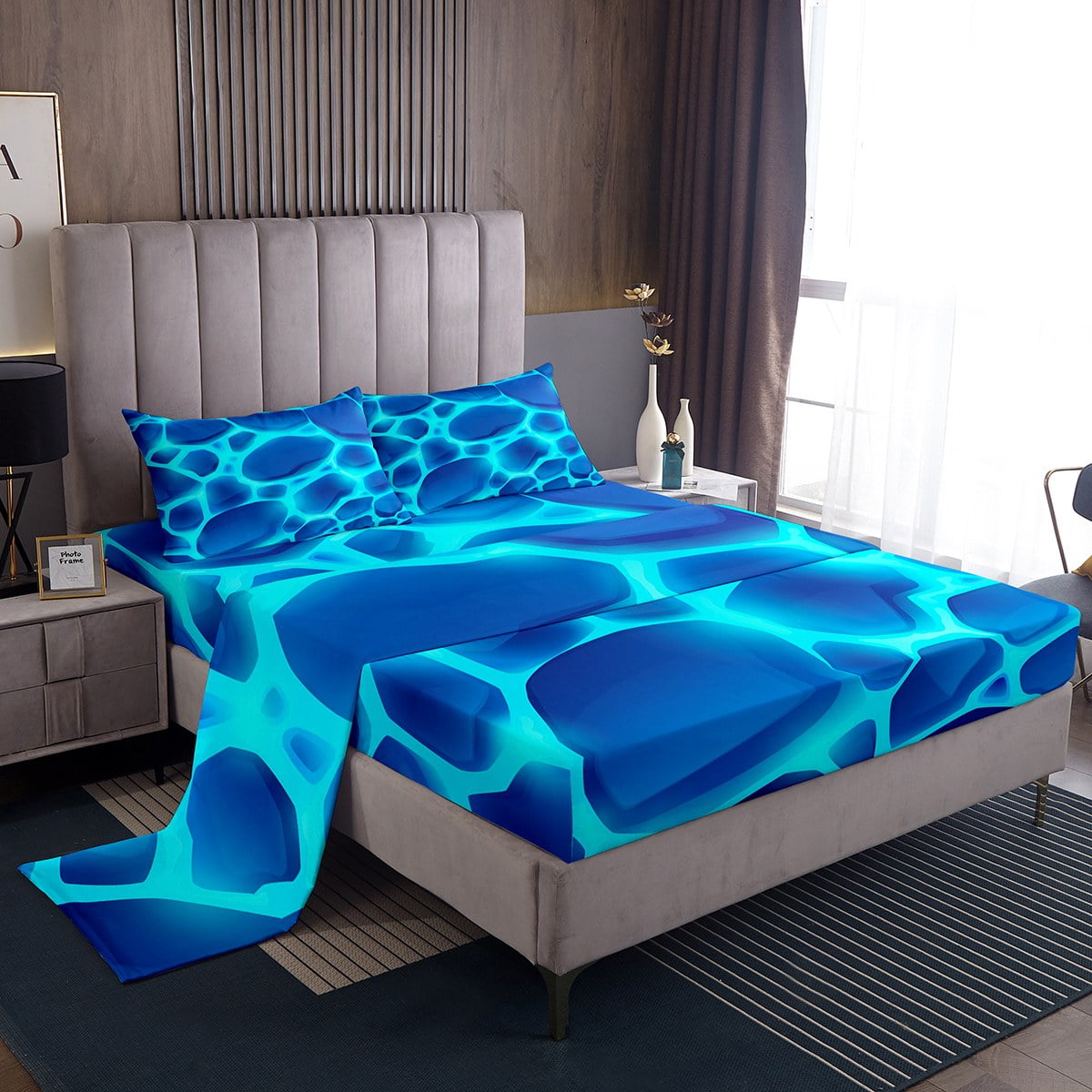 Marble Magma King Sheets Modern Geometric Bed Set, Teal Blue Bed Sheets ...
