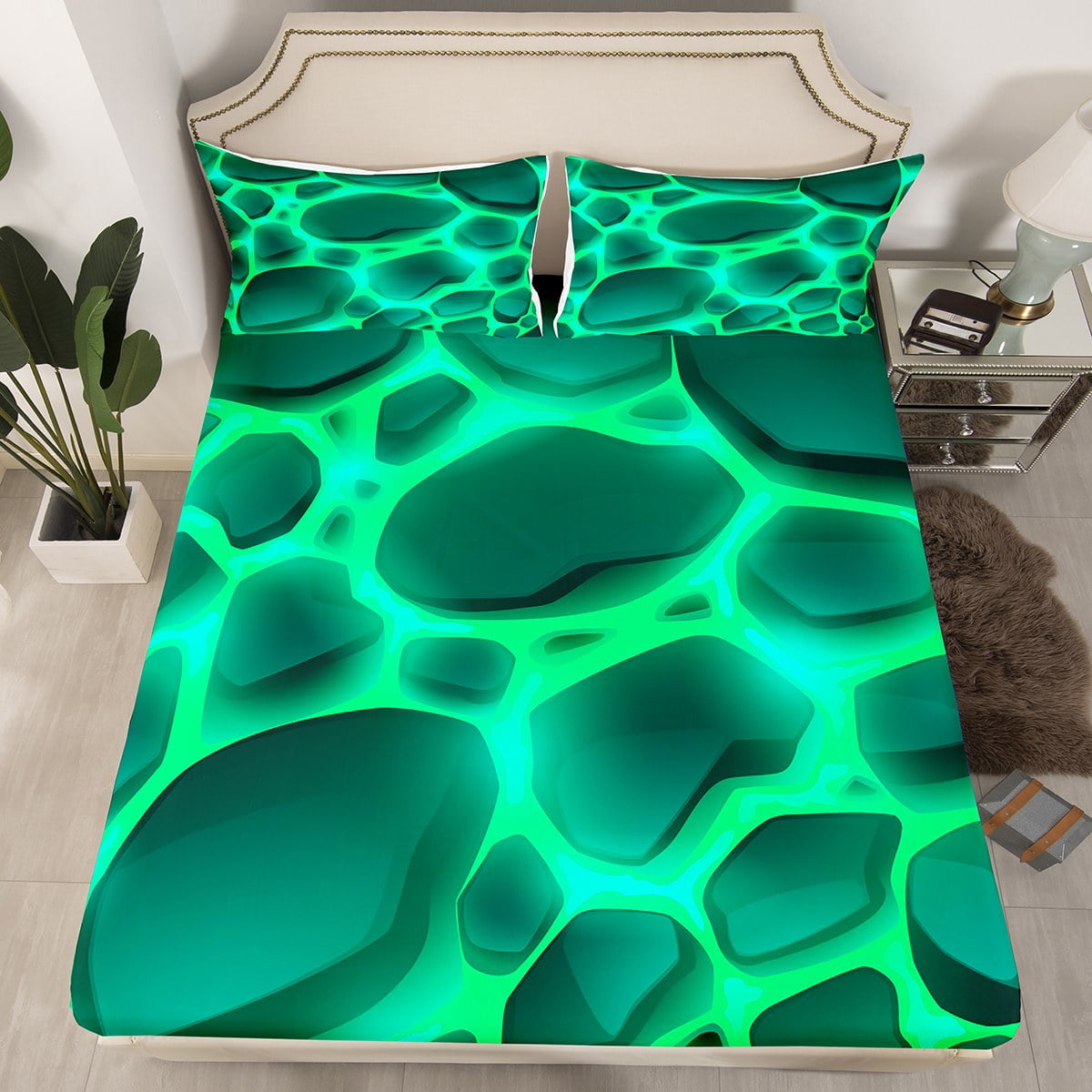 YST Marble Magma Queen Fitted Sheet Modern Geometric Sheets, Turqoise Green Bed Sheets Fire ...