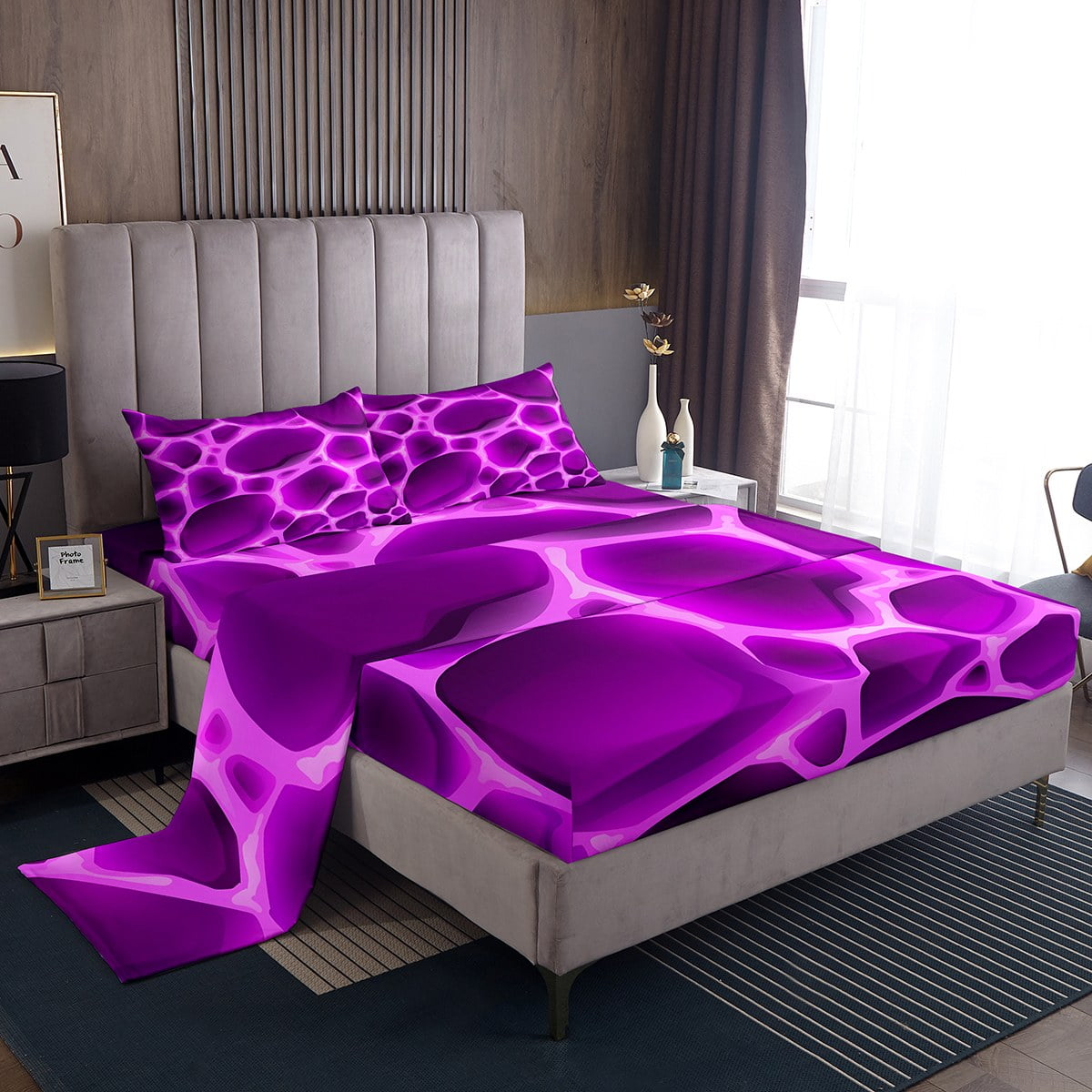 YST Marble Magma Queen Sheet Set Modern Geometric Sheets, Purple Bed ...