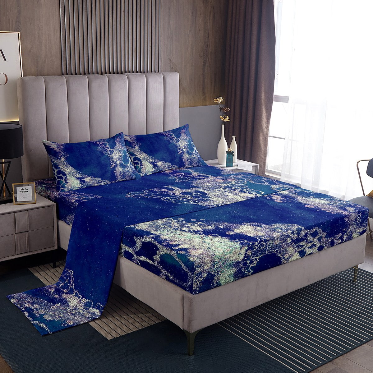 Marble Sheets Blue Silver White Watercolor Print Bed Sheets Set Ocean ...
