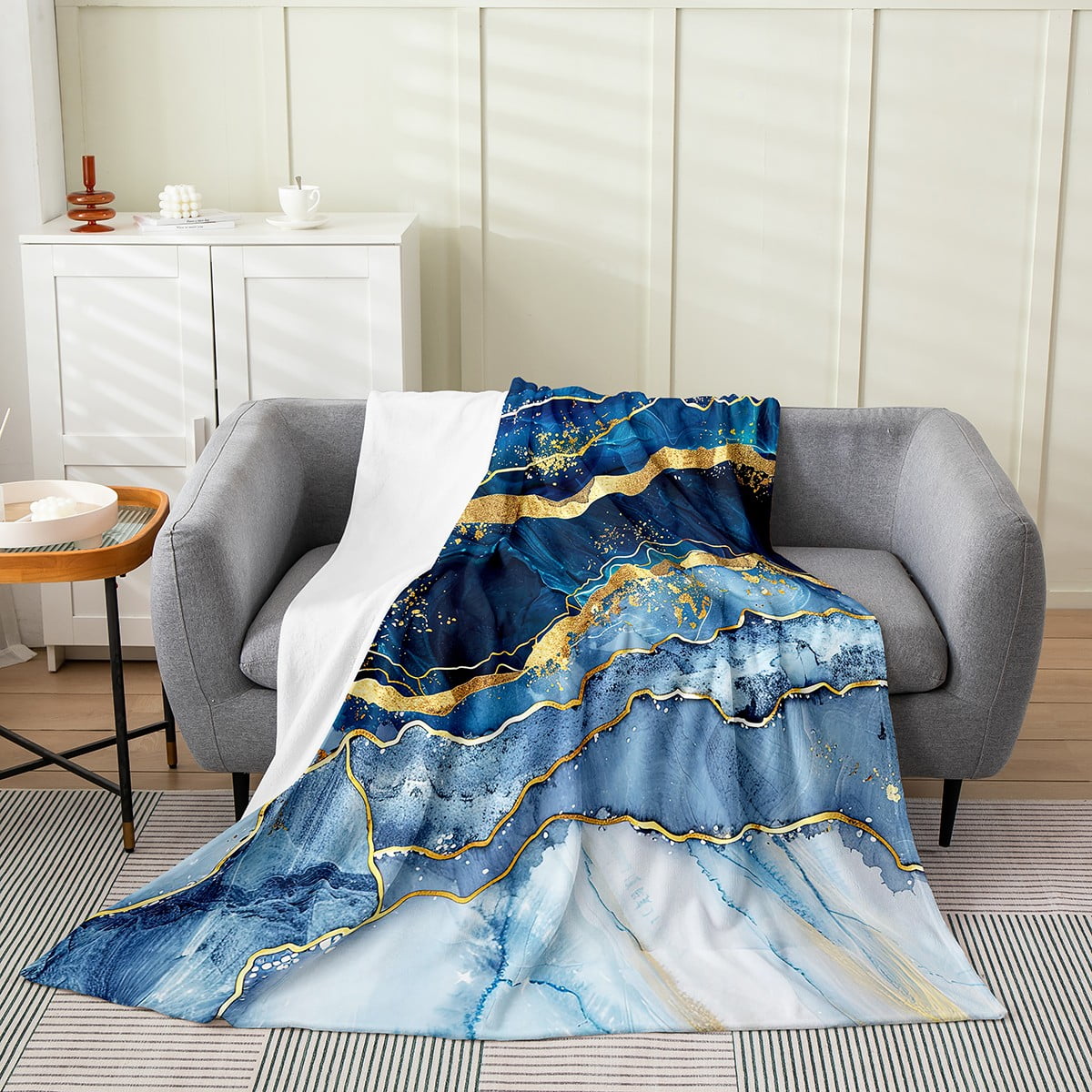 Marble Texture Blanket Twin 60x80,Golden Marble Throw Blanket,Blue ...