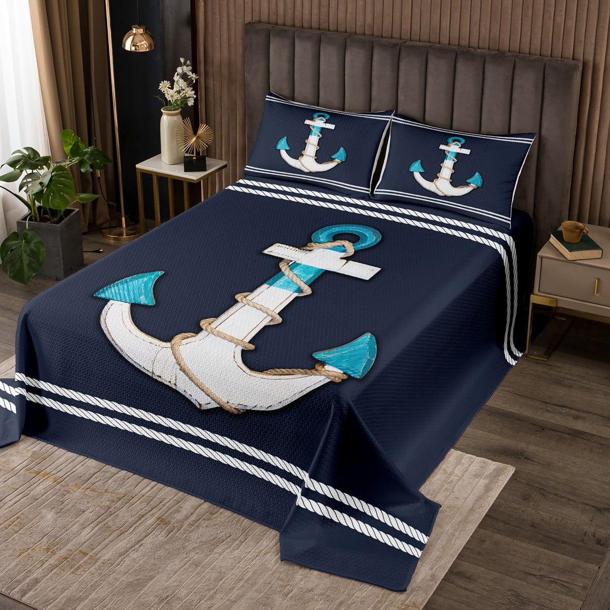 Erosebridal Marine Life Coverlet Set Sailboat Anchor Quilt Set 3 Pieces ...