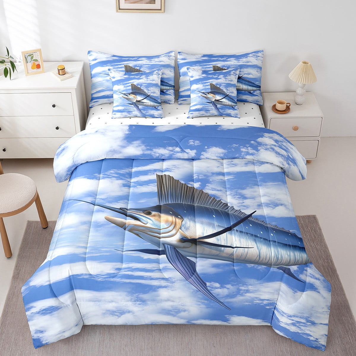 Marlin Swordfish Bedding Set King 7 Piece,Ocean Comforter Set With ...