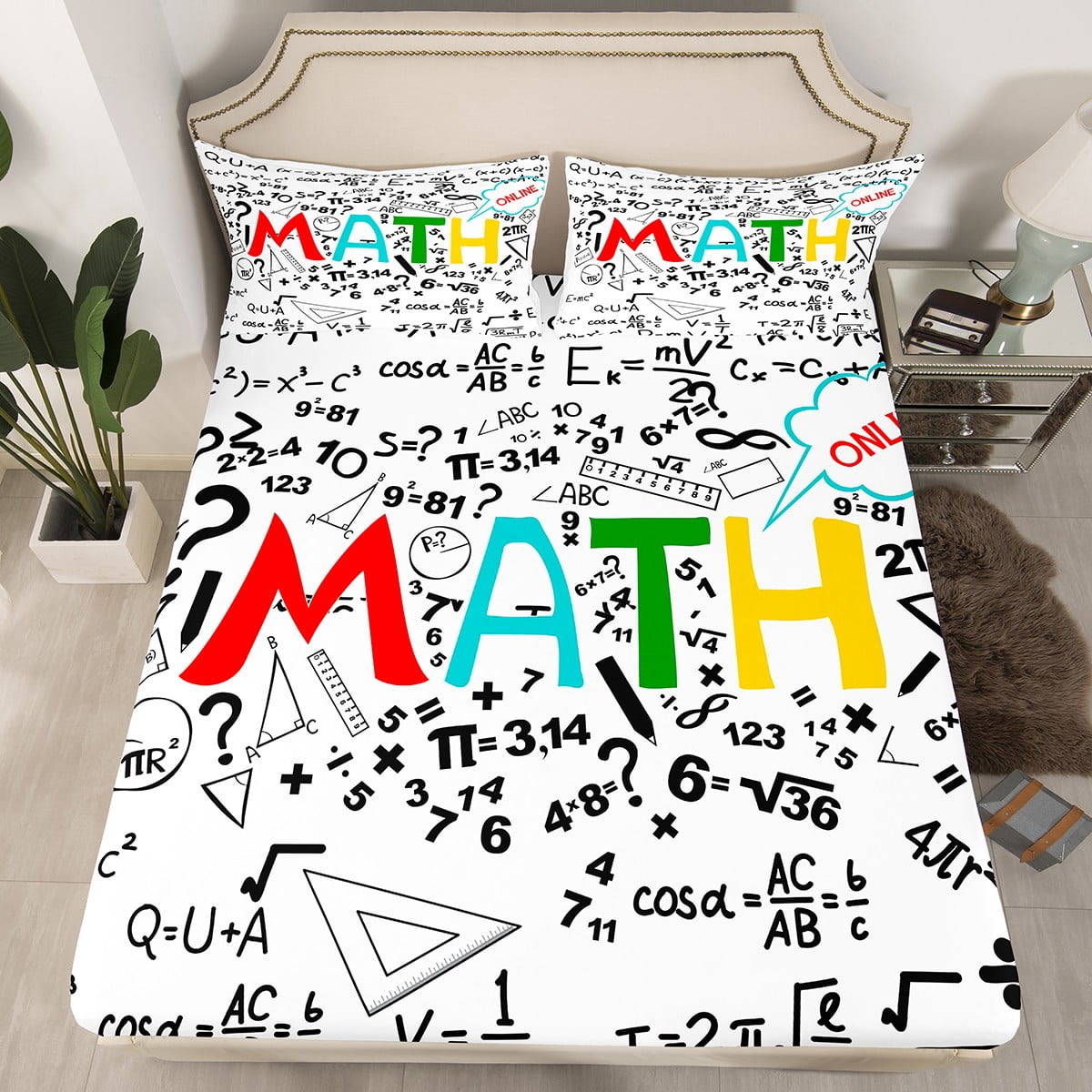 Erosebridal Math Theme Fitted Sheet School Educational Dorm Bedroom ...