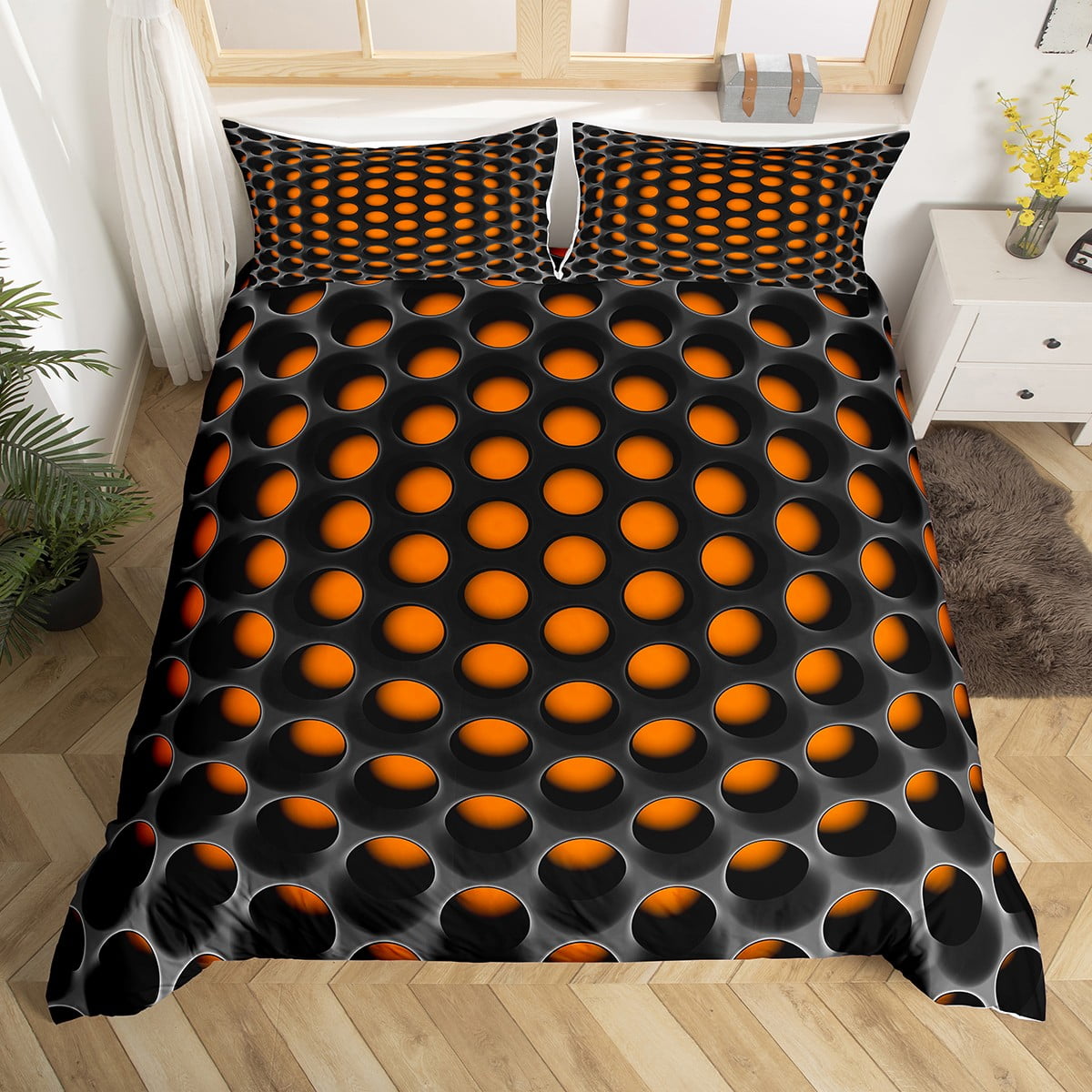 Men Retro Black Orange Bedding Set Queen, 3D Geometric Hole Comforter ...