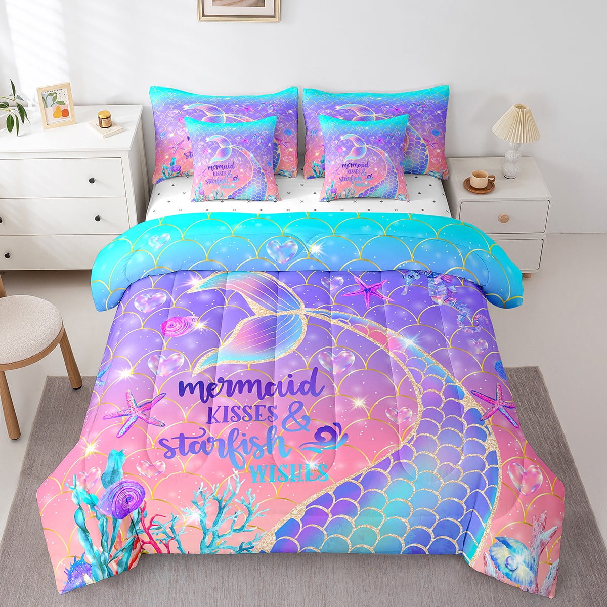 Mermaid Bed in A Bag ,Mermaid Comforter Twin,Cartoon Mermaid Bedding ...