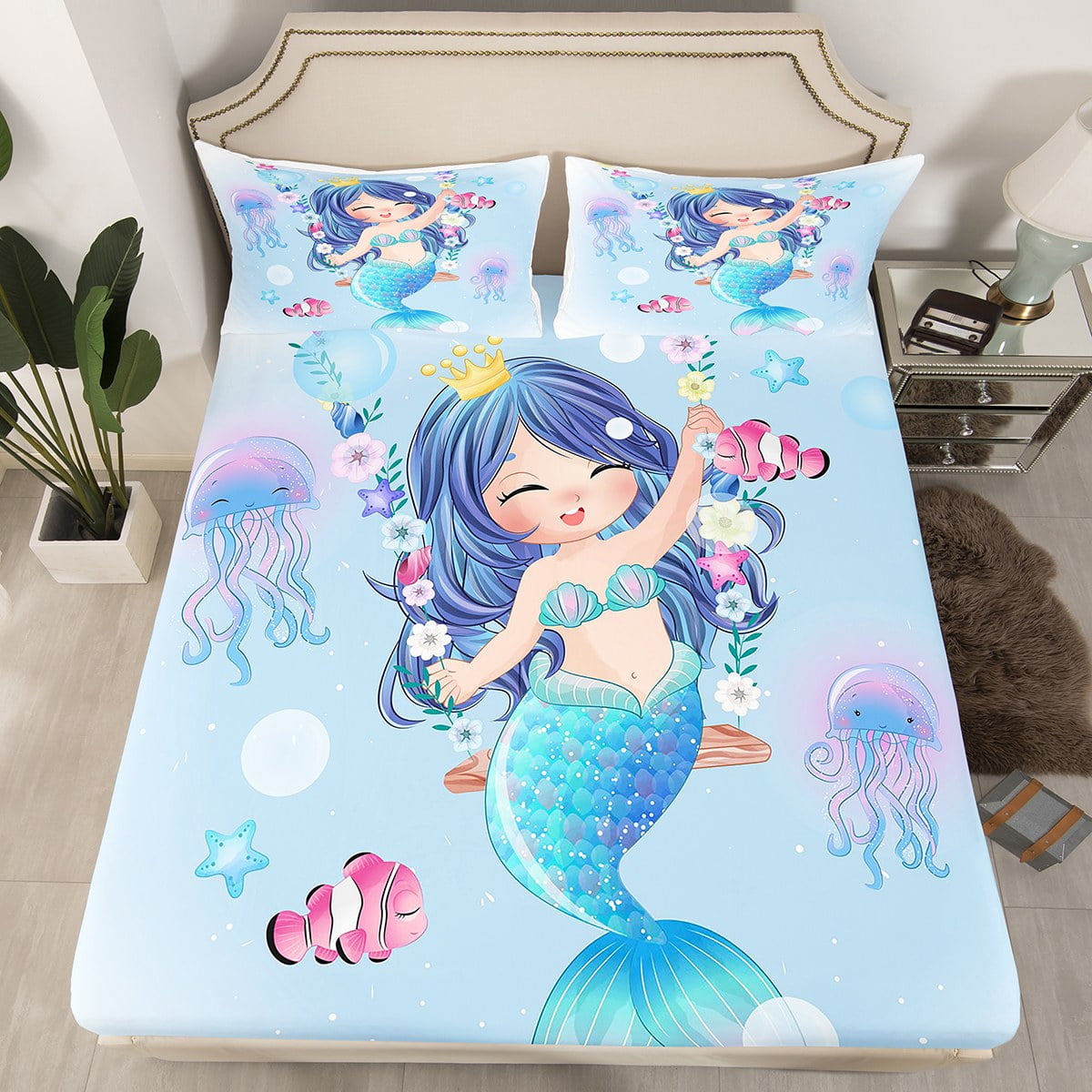 YST Mermaid Bed Sheets Queen Cute Mermaid Bedding Set For Girls Kawaii ...