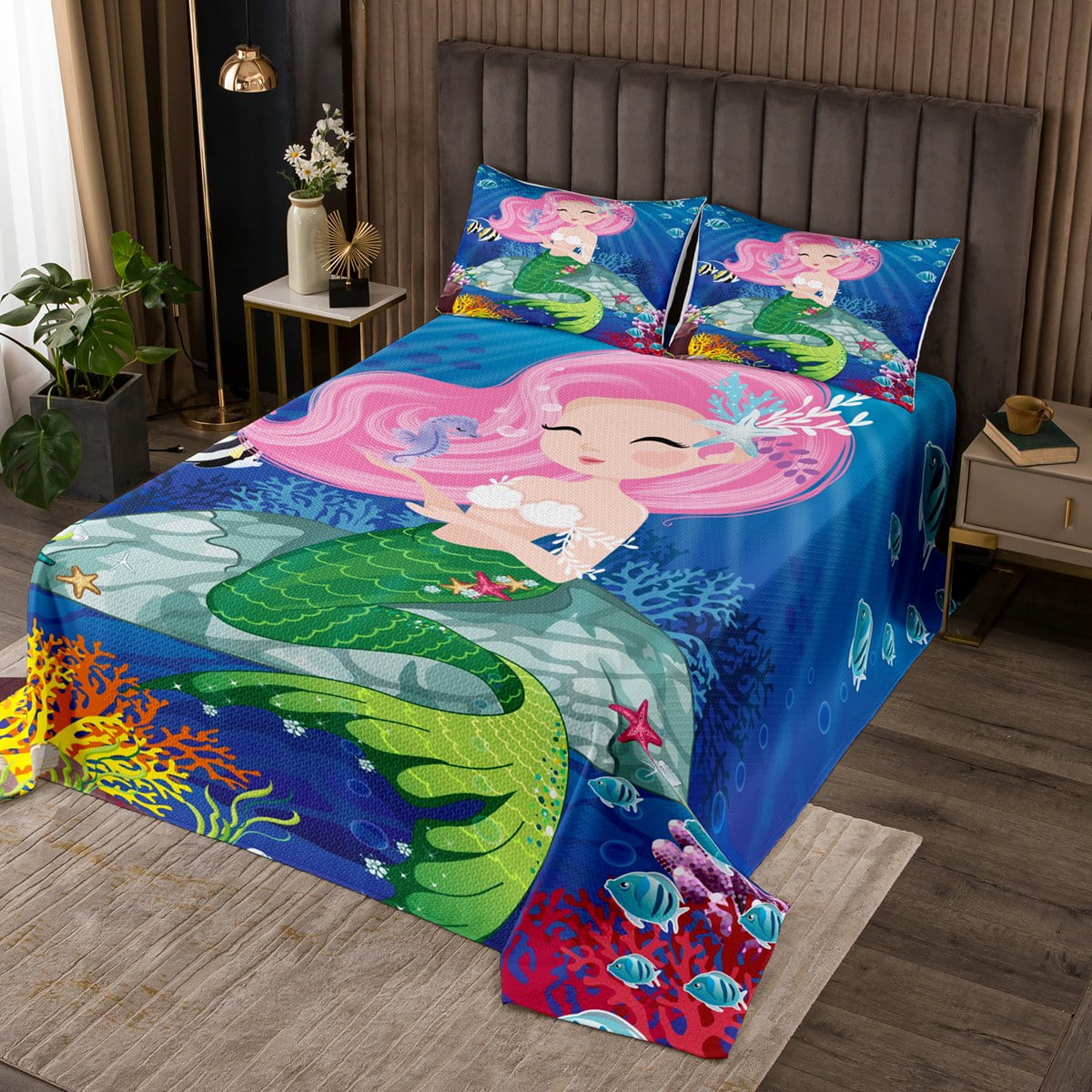 Mermaid Bedspread Set Cute Mermaid Coverlet Set King 3Pcs Sea Animal ...