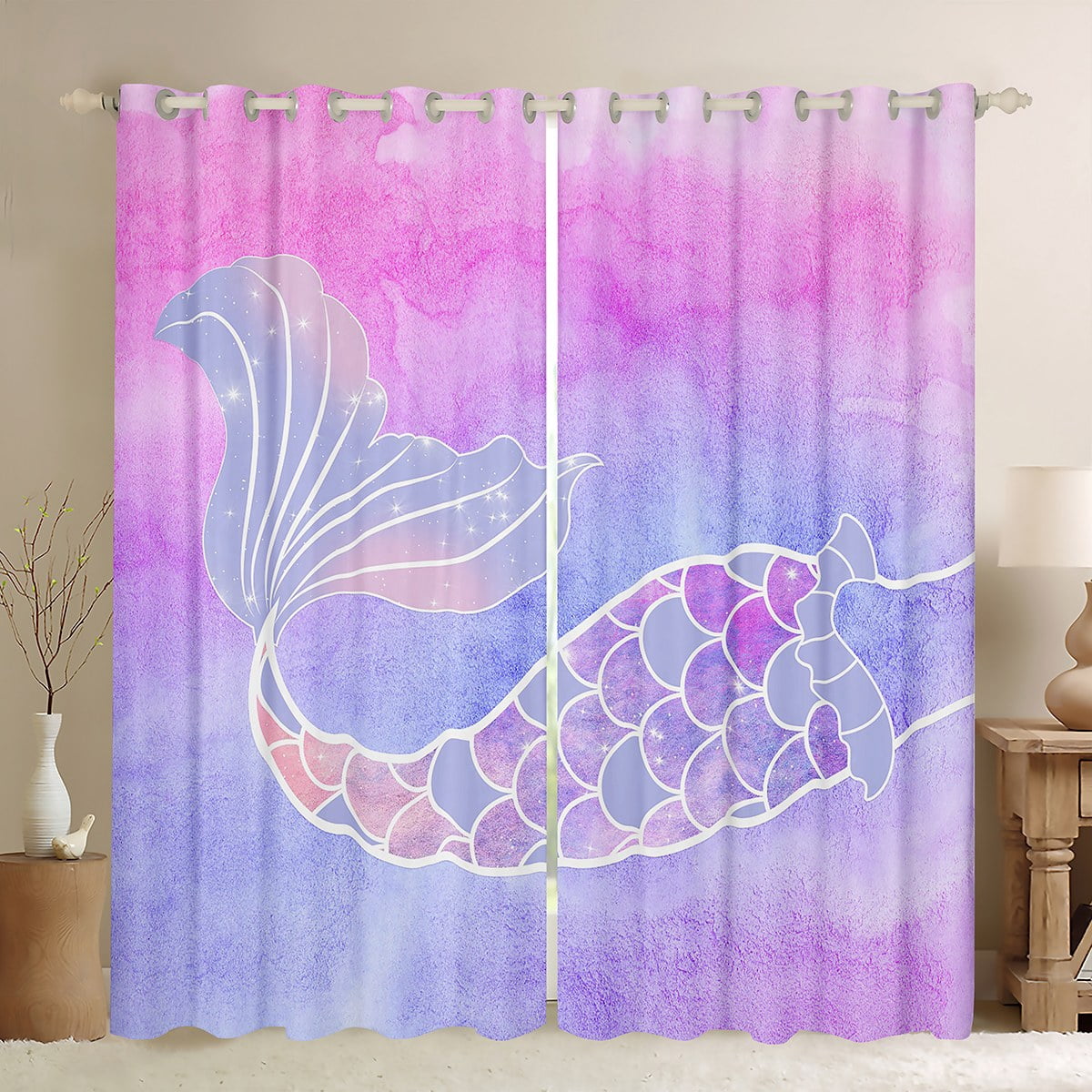 Mermaid 30%-50% Blackout Curtains for Living Room Rainbow Pink Mermaid ...